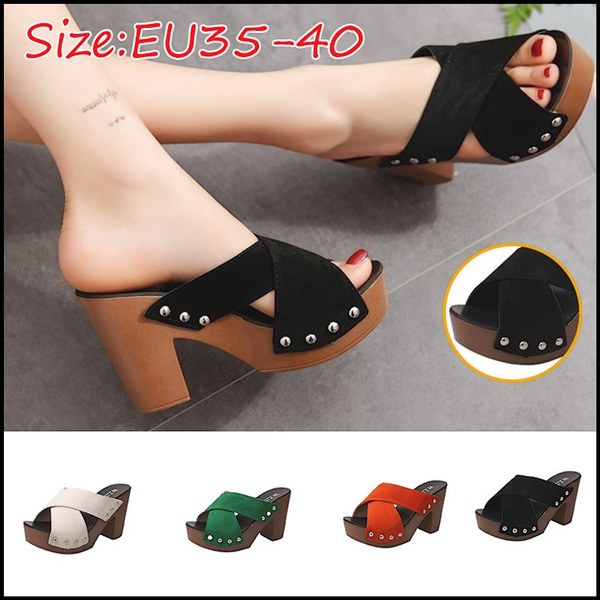 Rubber Clogs Women Slippers Retro Clogs Wedge Thick High Heels Rivets ...