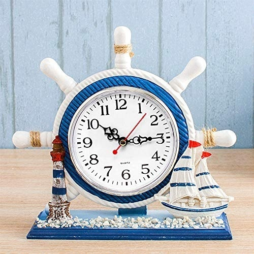 Mediterranean Style Nautical Desk Clock Lighthouse Helm Wooden Shelf ...