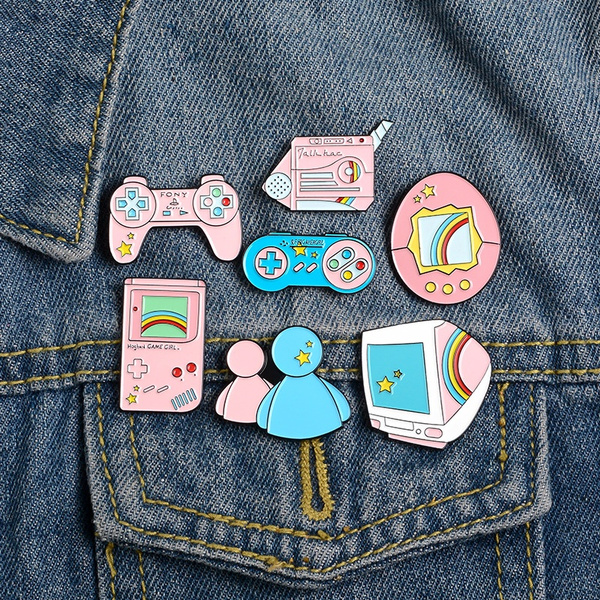 Pink Retro Arcade Game Enamel Pins Collections Cartoon 90s Gamepad Jewelry Brooches Denim Shirt ...