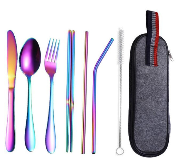 8pcs/lot New Tableware 304 Stainless Steel Cutlery Straw Dinnerware Set ...
