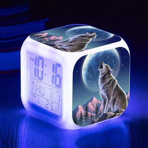 LED Alarm Clock Colorful Digital Clock Howling Wolf Bedside Night Light ...