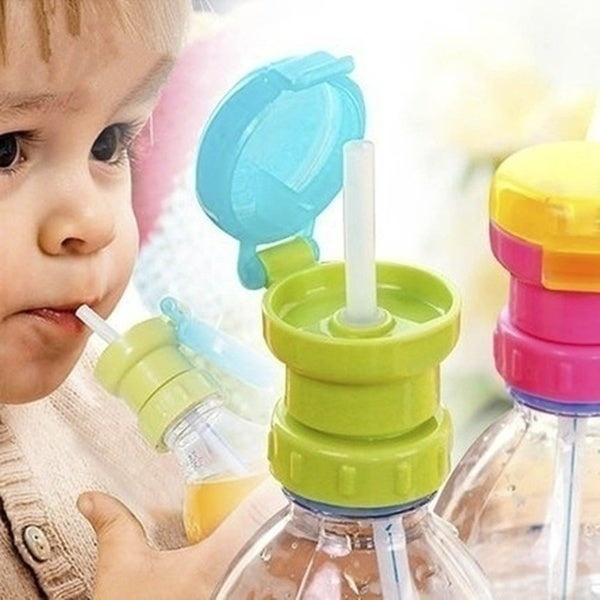 Children drinking straw caps portable bottled beverages overflow ...