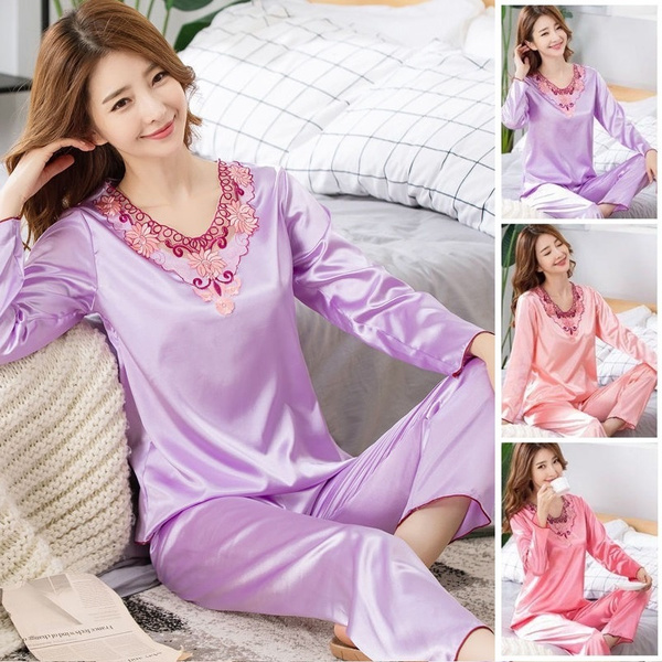 Fashion Women Two Pieces Sleepwear Soft Silk Casual Pajama Sets | Wish