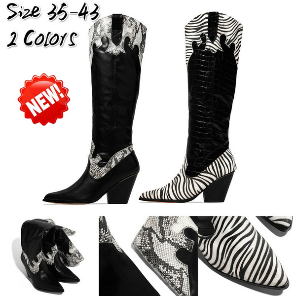 2020 Fashion Zebra Pattern Women Long Boots Pu Leather High Heels Shoes ...