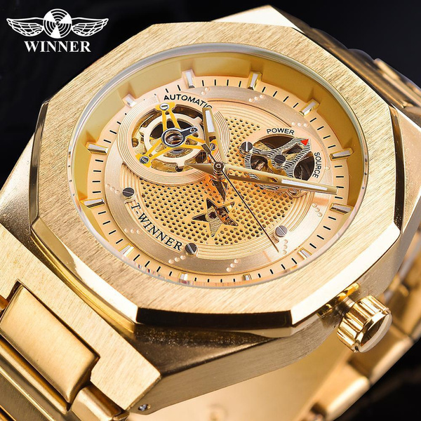 New Luxury Men's Hollow Automatic Mechanical Watch Hexagon Dial Gold ...