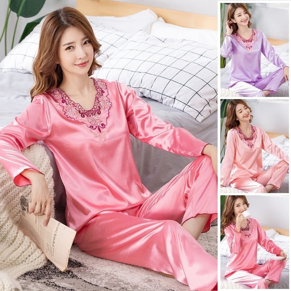 Fashion Women Two Pieces Sleepwear Soft Silk Casual Pajama Sets | Wish