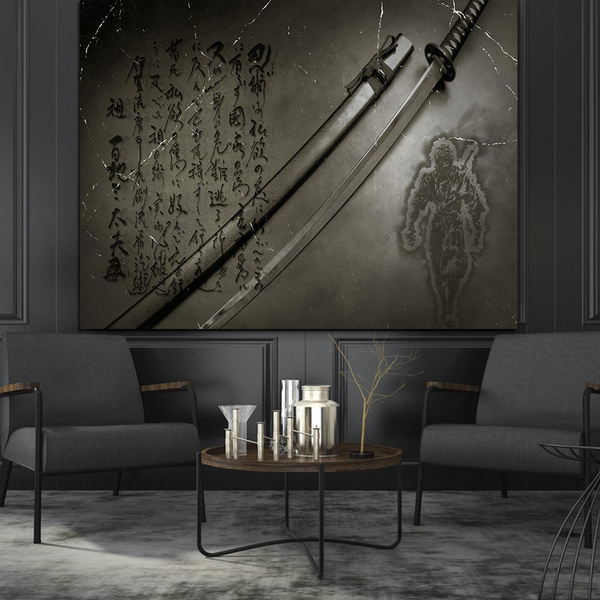 Japanese text wallpaper katana Posters and Prints Retro Wall Art Canvas ...