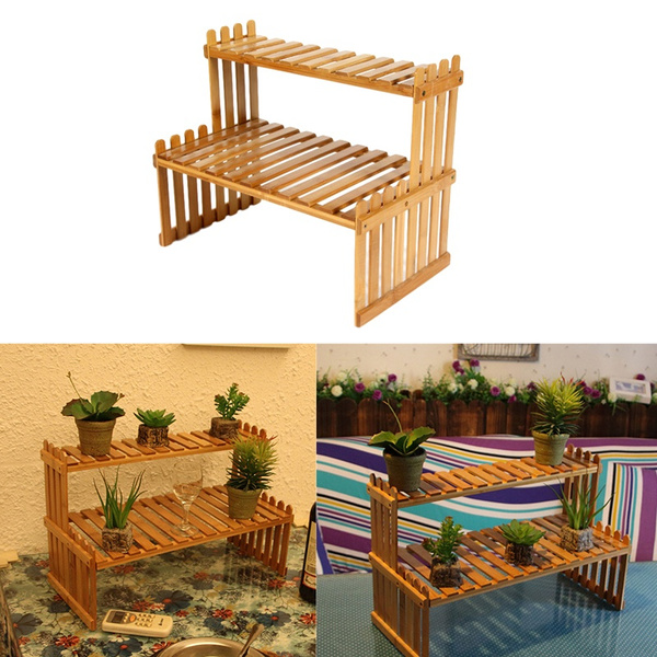 2 Tier Table Top Bamboo Plant Stand - Desktop Flower Shelf Rack Flower ...