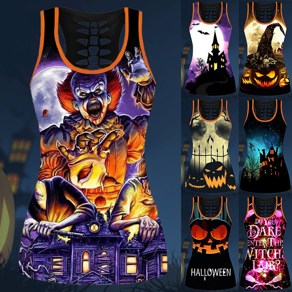2020 New Women Fashion Halloween Print Sleeveless Tank Tops Cut Out ...