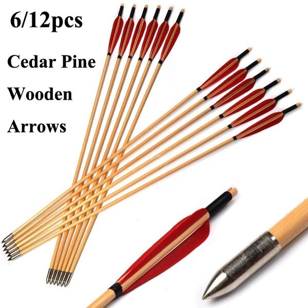 6/12pcs Cedar Pine Wooden Arrows with Red Turkey Feather for Archery ...