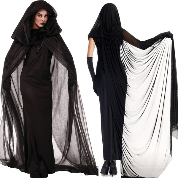 Women Halloween Witch Demon Vampire Uniform Set Black Long Dress Hooded ...
