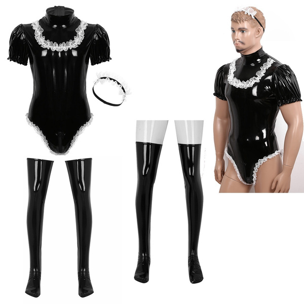 Mens Adults Maid Cosplay Costume Wet Look Shiny Latex Short Sleeves