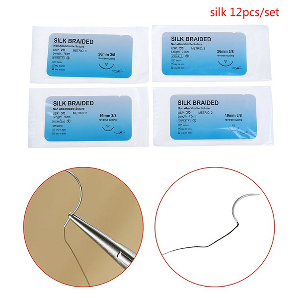 12Pcs Medical Needle Suture Silk Braided Monofilament Thread Suture ...