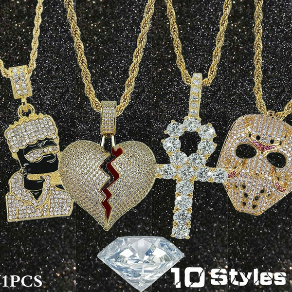 10 Kinds Hip Hop Gold Iced Out Broken Heart Mask Pendant Diamond Cross ...
