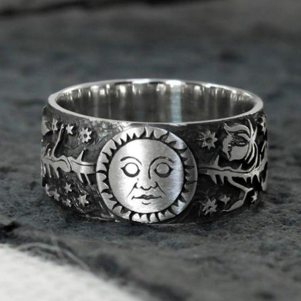 Exquisite Silver Plated Ring Carved Moon Sun Flowers Vine Fashion ...