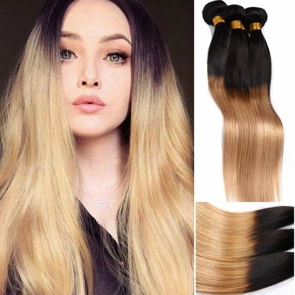 3 bundles T1B/27 Blonde Ombre Brazilian Straight Two Tone Virgin Remy ...