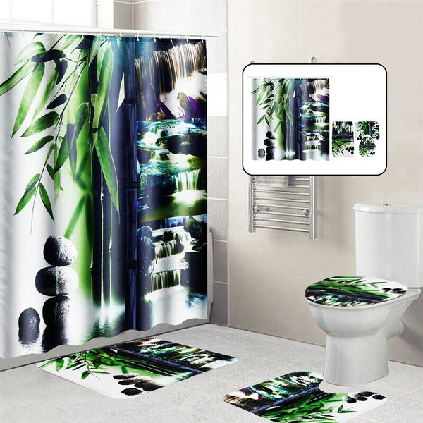 Bathroom Bamboo Waterfall Shower Curtain + 12 Hooks Toliet Mat Rug Set ...