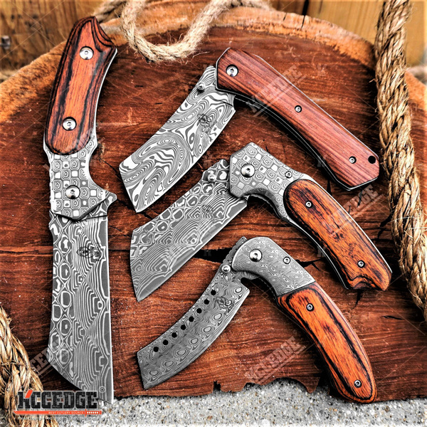 4PC COMBO KNIFE SET Damascus Etched Blade Cleaver Series Knives 1 Fixed ...