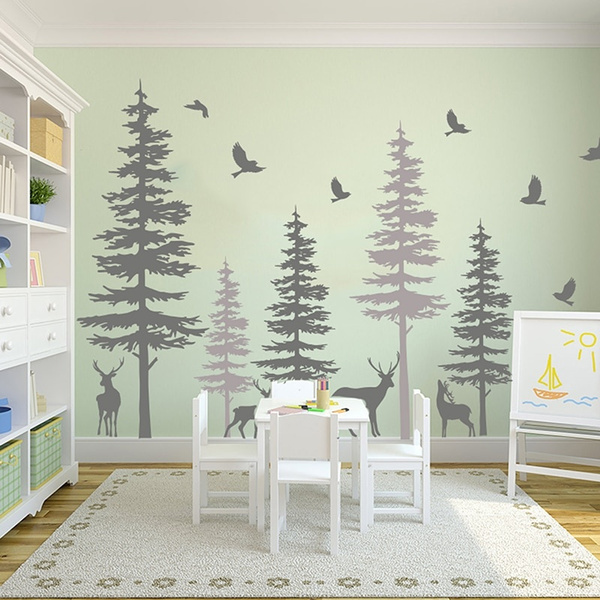 Large Pine Tree Deer Animal Wall Sticker Office Dorm Room Jungle Forest ...
