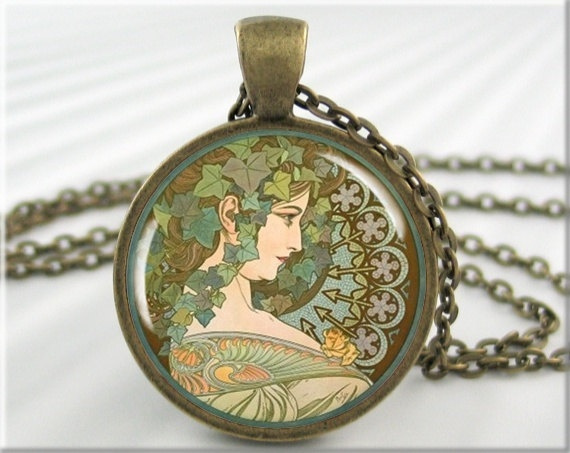 Alphonse Mucha Necklace, Art Pendant Charm, Mucha Ivy Art Nouveau ...