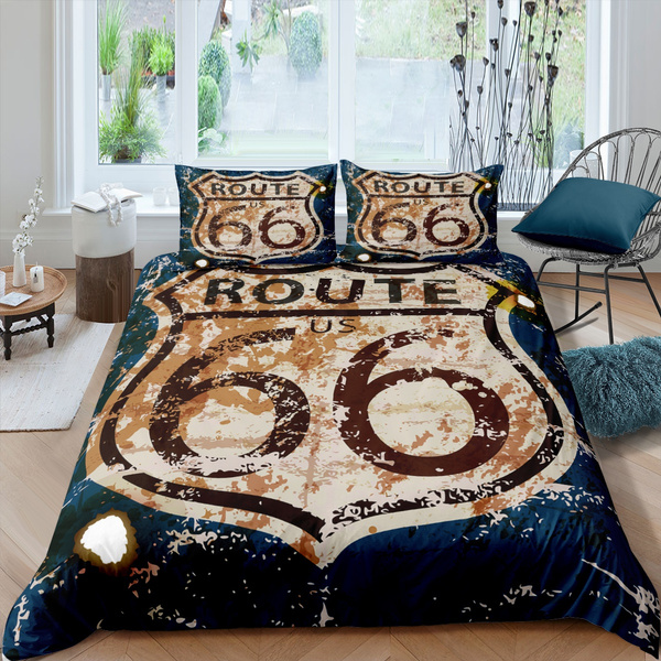 Route 66 Sign Vintage Bedding Set American Flag/Motorcylce/Car Pattern ...
