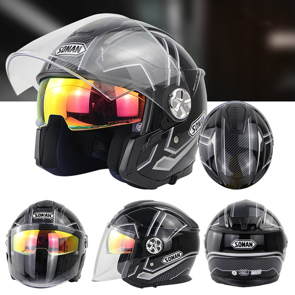 2020 New SOMAN Black Sliver Open Face Motorcycle Helmet Dual Lens ECE ...