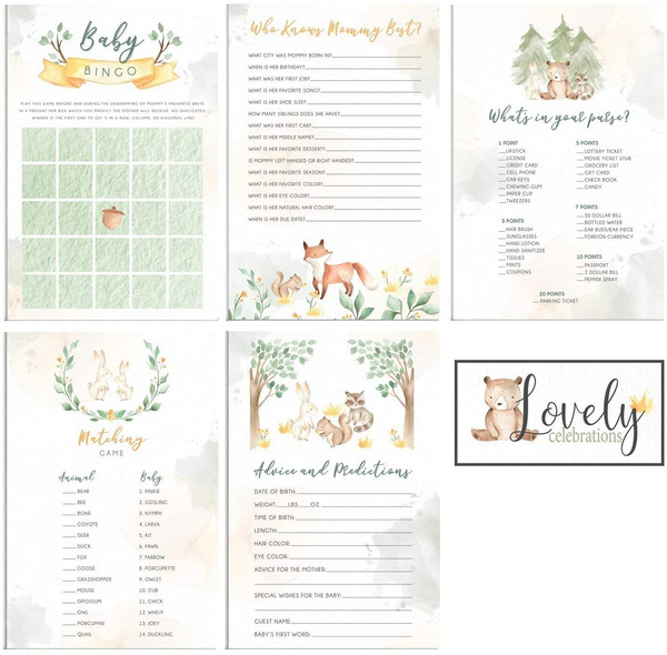 Woodland Themed Baby Shower Games Pack: Bingo, Matching Game, How Well ...