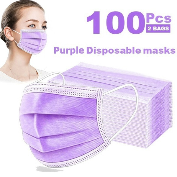 10-100 Pcs Disposable Purple Face Mask 3 Layer Non-Woven Mouth Masks ...