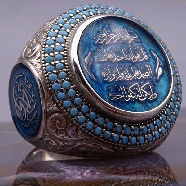 Fashion Retro Sliver Aquamarine Blue Stone Turkish İslamic Handmade Men ...