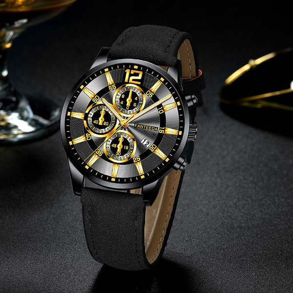 Casual Mens Leather Black Watches Minimalist Analog Round Quartz ...