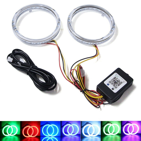 2x 80mm LED Angel Eyes Lights Halo Rings Headlight RGB Bluetooth APP ...
