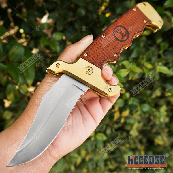 9" Partially Serrated Clip Point Blade Folding Knife With Real Wood ...