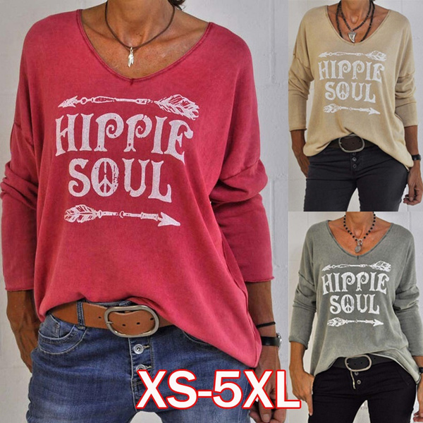 Print V-Neck Long Sleeves Casual T-shirts Round Neck Women Tops Long ...