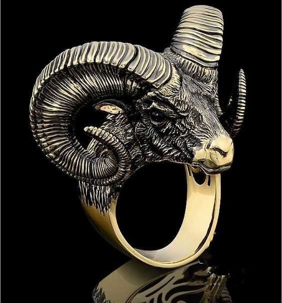 18k Gold Ram Head Cocktail Ring Oxidized Signet Mens Ring for Men's ...