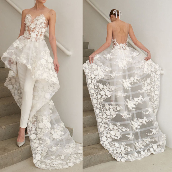 Jumpsuits A-Line Wedding Dresses Sleeveless Lace Sexy See-Through Dress ...