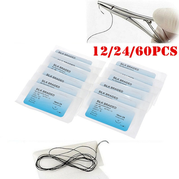 12/24/60Pcs Silk Braided Monofilament Medical Thread Needle Surgical ...