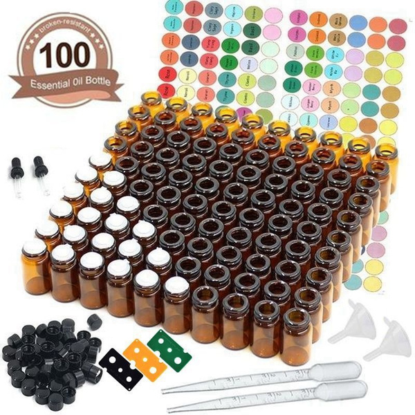100 Packs Oil Bottles for Essential Oils 2 ml Amber Glass Vials Bottles ...