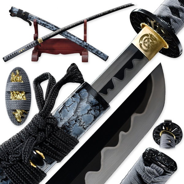 Black blade, sharp knife, katana, full Tang, hand-ground, high ...