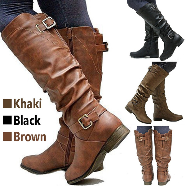 Women Autumn Winter Shoes Flat Heel Solid Color Long Boots Knee High ...