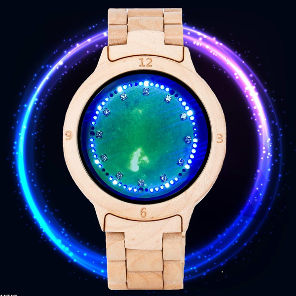 Pure Wooden Watch Unique LED Light Touch Screen Green Dial Blue Night ...