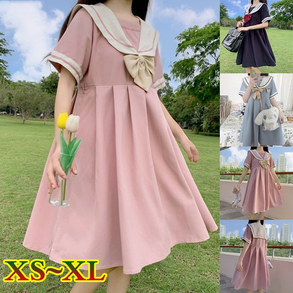 Japanese Preppy Style Summer Women Cute Dress Sailor Collar Bow Navy ...