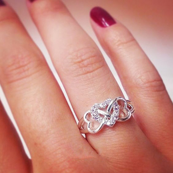 Women's Sweet Triple Heart Infinity Promise Ring 925 Silver Plated CZ ...