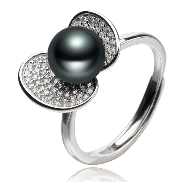 New Design 925 Sterling Silver Black Freshwater Pearl Ring For Women