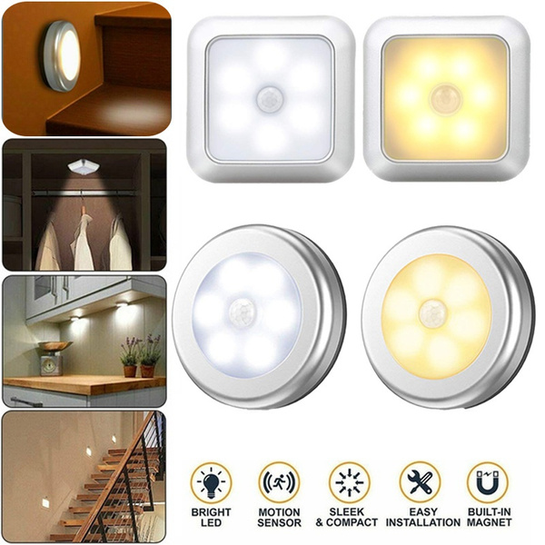 6 LED Round Square Motion Sensor Light Wireless PIR Cabinet Stair Lamp ...