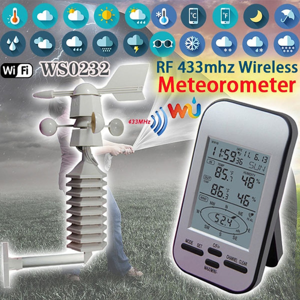 WWS0232 RF 433mhz Professional Wireless Anemometer Weather Station Clock With Wind Speed And ...