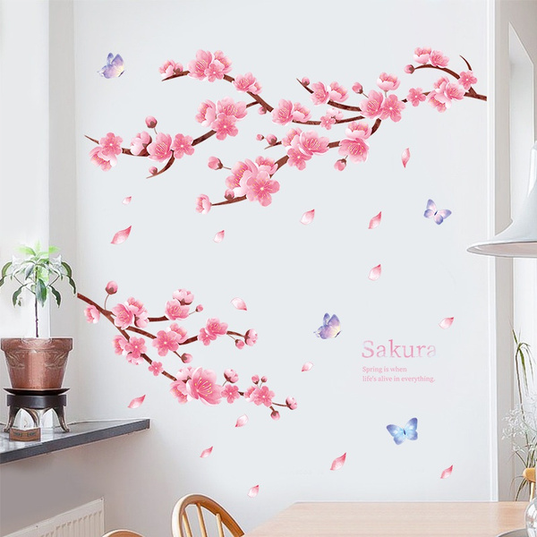 Large Chinese Style Sakura Wall Decals Butterfly Japanese Pink Cherry ...