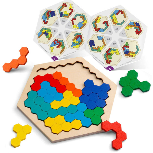 Wooden Hexagon Puzzle for Kids & Adults - Shape Pattern Block Brain ...