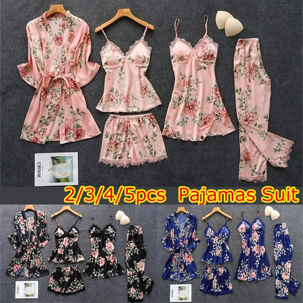 2/3/4/5 Pcs Women's Pajamas Silk Floral Overall Print Pajama Set Satin ...
