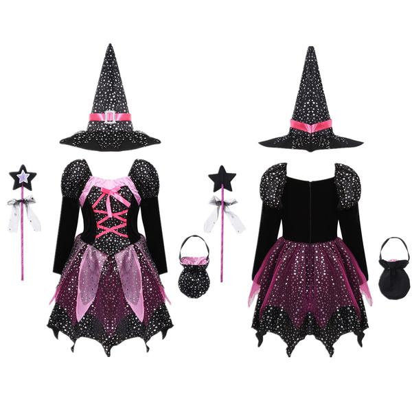 Kids Girls Witch Costume Sparkly Stars Princess Witch Cosplay Party ...