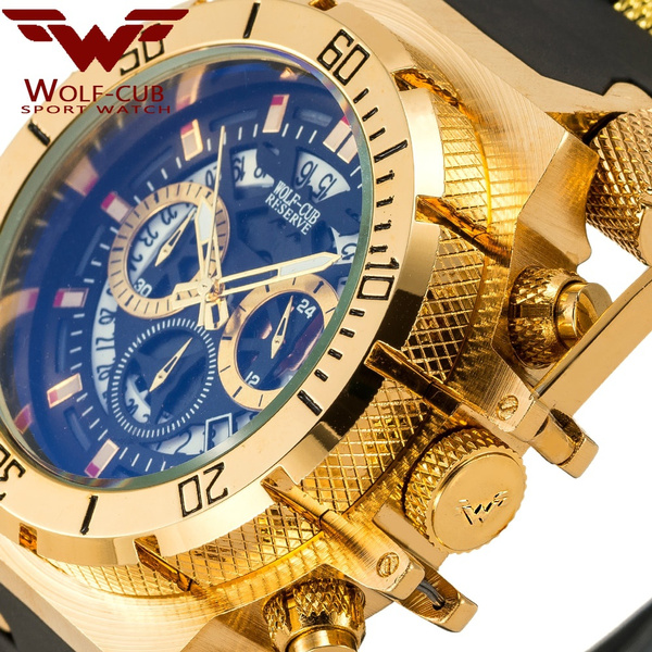 WOLF-CUB Original Creative Golden Men Quartz Wristwatches 3D Dial ...